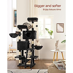 FourFurPets Cat Tree for Indoor Cats, 63in Cat Tower, Cat Condo, Two Cat Perch, Wwo Cat Caves, Two Cat Basket, Sisal Scratching Stairs, Toys, Smoky Gray