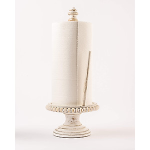 Mud Pie Beaded Wood Pedestal Bowl, White, 6" x 14" dia & 47100002 Farmhouse Washed Beaded Wood Pedestal Paper Towel Holder, 16" x 6" Dia, White, Grey