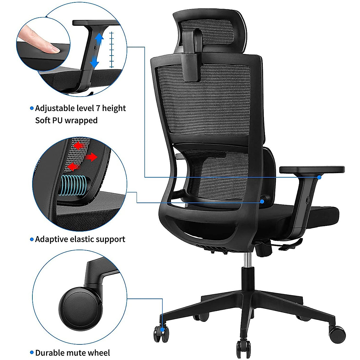 Ergonomic Office Chair with Upgraded Lumbar Support and Adjustable Armrest Headrest, Desk Chair with Mesh High Back, Home Office Desk Chair, Computer Chair, Rolling Chair