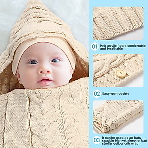 Newborn Baby Wrap Blanket Knit Sleeping Bag Receiving Blankets Stroller Wrap Newborn Baby Hat Bear Ears Infant Caps and Baby Mittens Gloves Gift for Christmas for 9-12 Months Boys Girls(Light Gray)