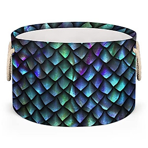 AUUXVA Colorful Dragon Scales Pattern Round Storage Basket with Handles, Large Collapsible Toy Storage Baskets Bins Boxes Organizer Laundry Hamper for Nursery, Bedroom, Closet