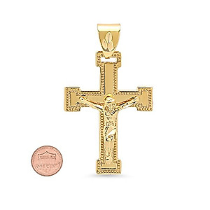 The Bling Factory Large 32mm x 46mm 14k Gold Plated Milgrain Bordered Crucifix Pendant