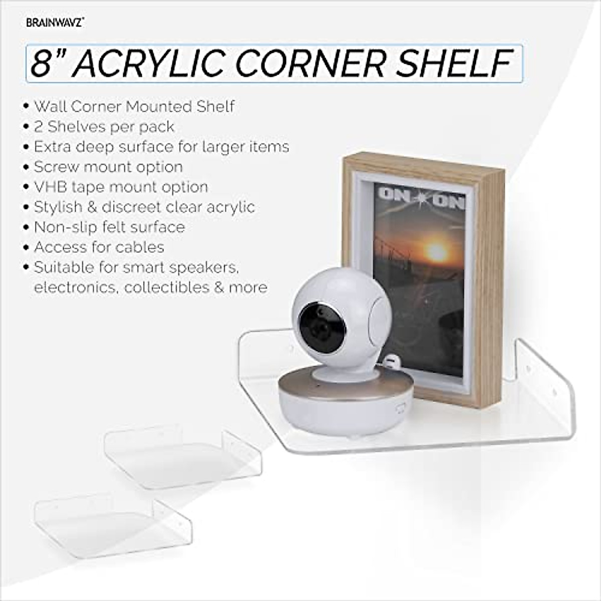 BRAINWAVZ 2-Pack 8” Corner Floating Shelf for Speakers, Books, Decor, Plants, Cameras, Photos, Kitchen, Bathroom, Routers & More Universal Small Holder Acrylic Wall Shelves (Clear)