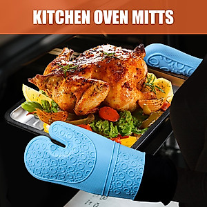 Obsoorth Heat Resistant Silicone Oven Mitts Waterproof Flexible Handle Hot Food Washable Blue Extra Long Anti-Slip Kitchen Glove for Baking Cooking BBQ, 1Pair