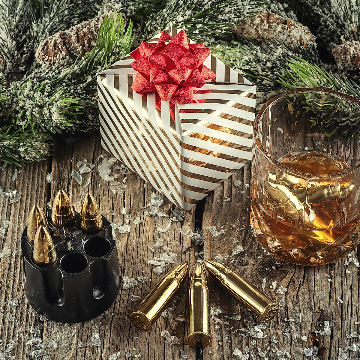 XL Gold Whiskey Stones in Base - Gift for Men, Valentines Day, Bar Accessories - Whiskey Gifts for Men, Boyfriend, Husband, Dad - Reusable Ice Cube - Regalos para Hombre