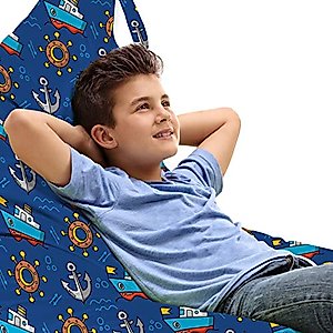 Ambesonne Nautical Lounger Chair Bag, Cartoon of Ship Sailing in The Sea Anchor and Steering Wheel, High Capacity Storage with Handle Container, Lounger Size, Multicolor