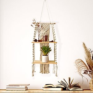 YOJO Macrame Wall Hanging Shelf,2 Tier Boho Wall Plant Hanger Shelves,Handmade Bohemian Woven Floating Shelves for Bedroom Living Room Apartment Home Decor