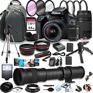 Canon EOS Rebel T100 DSLR Camera w/EF-S 18-55mm F/3.5-5.6 Zoom Lens + 75-300mm F/4-5.6 III Lens + 420-800mm Super Telephoto Lens + 64GB Memory Cards, Professional Photo Bundle (44pc Bundle) (Renewed)