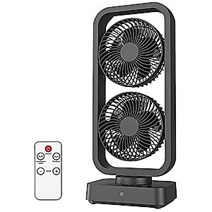 16 Inch Desk Fan, 5000mAh Battery Operated Fan ,Oscillation Tower Fan with Remote, Portable Rechargeable Table Fan with 2 Fan Heads, 270° Oscillation Personal Fan for Bedroom Office Camping Travel