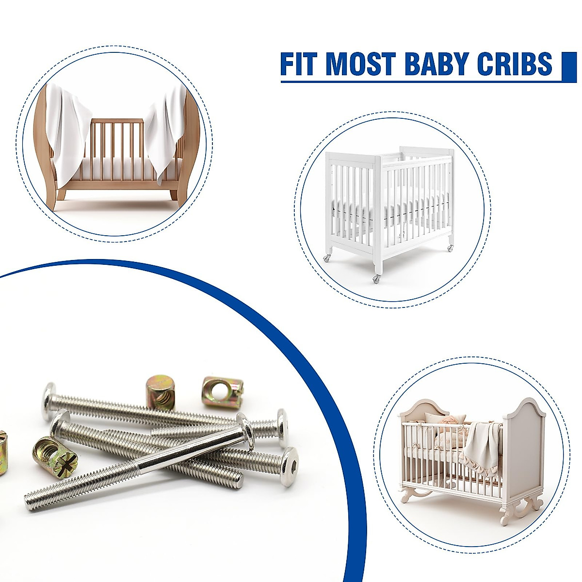 Socell 61pcs Crib Bunk Bed Furniture Hardware Replacement Kit, Stainless Steel Hex Drive Socket Cap Furniture Barrel Screws Bolt Nuts Assortment Kit for Crib Screws with 1 Wrenches(M6x12mm-75mm)