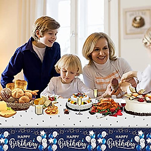 Kesfey Happy Birthday Tablecloths 3 Packs Navy Blue and Silver Birthday Tablecover 54 x 108 Inch Print Firework,Balloon Waterproof Birthday Party Supplies for Birthday Themed Party Table Decorations