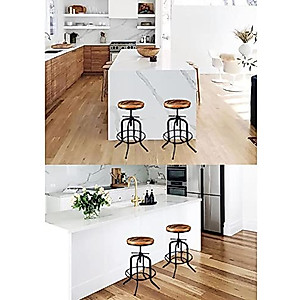 Lisuden Industrial Farmhouse Bar Stools Set of 2, Black Metal Base, Wood Seat, Adjustable Height 24.8-30"