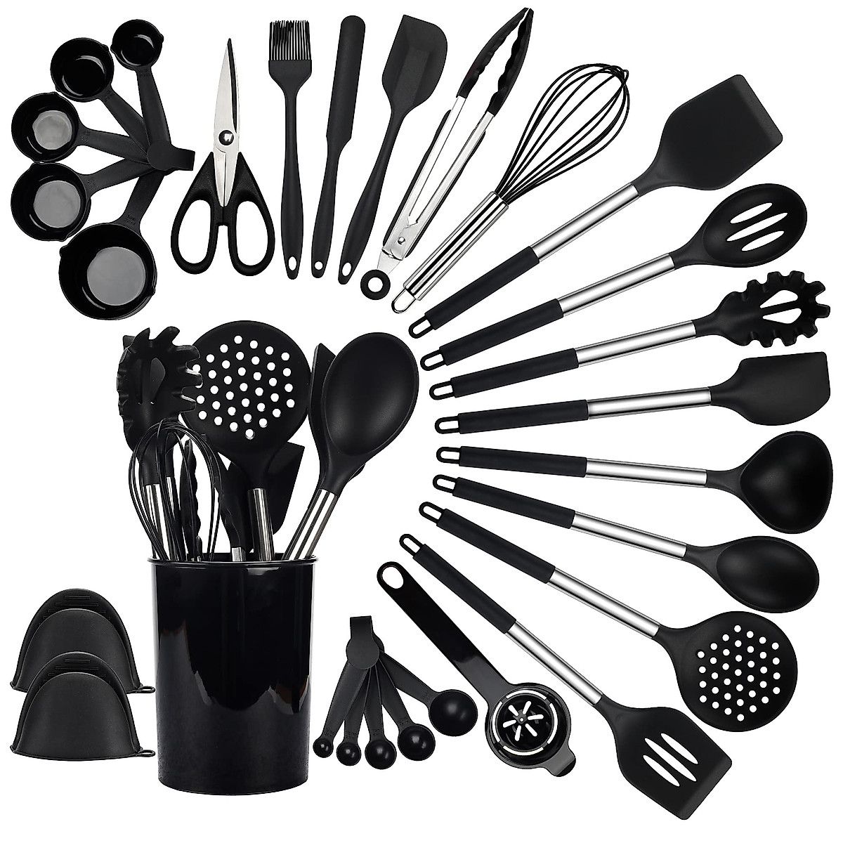 QMVESS Silicone Kitchen Utensil Set, 28 Pcs Non-Stick Cooking Utensils Set with Holder, Tongs, Spatula, Whisk, Measuring Cups and Spoons Set with Stainless Steel Handle Kitchen Gadgets (Black)