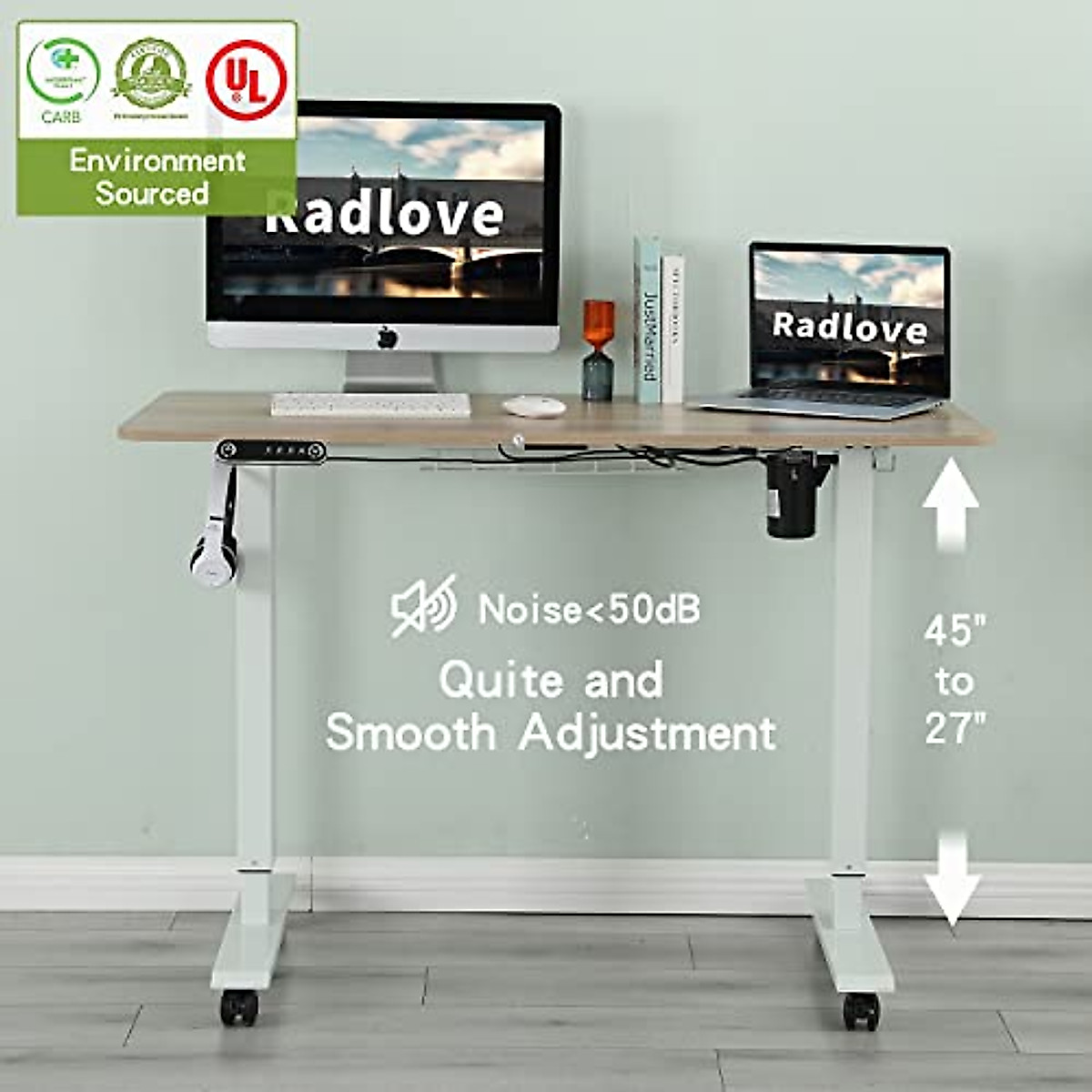 Radlove Electric Standing Desk, Height Adjustable Computer Desk Sit Stand Desk Home Office Desks with Splice Board and A Under Desk Cable Management Tray (Light Oak, 48 x 24'')