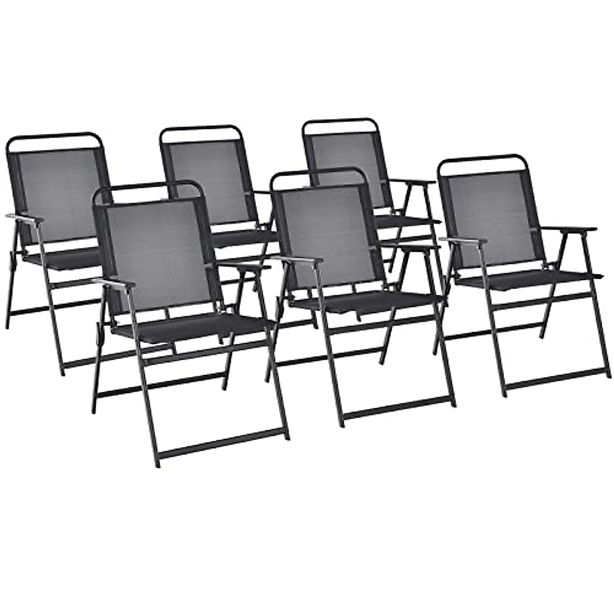 Tangkula Outdoor Folding Chairs Set of 6, Patio Dining Chairs with Breathable Seat & Cozy Armrests, Heavy-Duty Metal Frame, Portable Lawn Chairs for Backyard, Porch, Camping (6, Black)