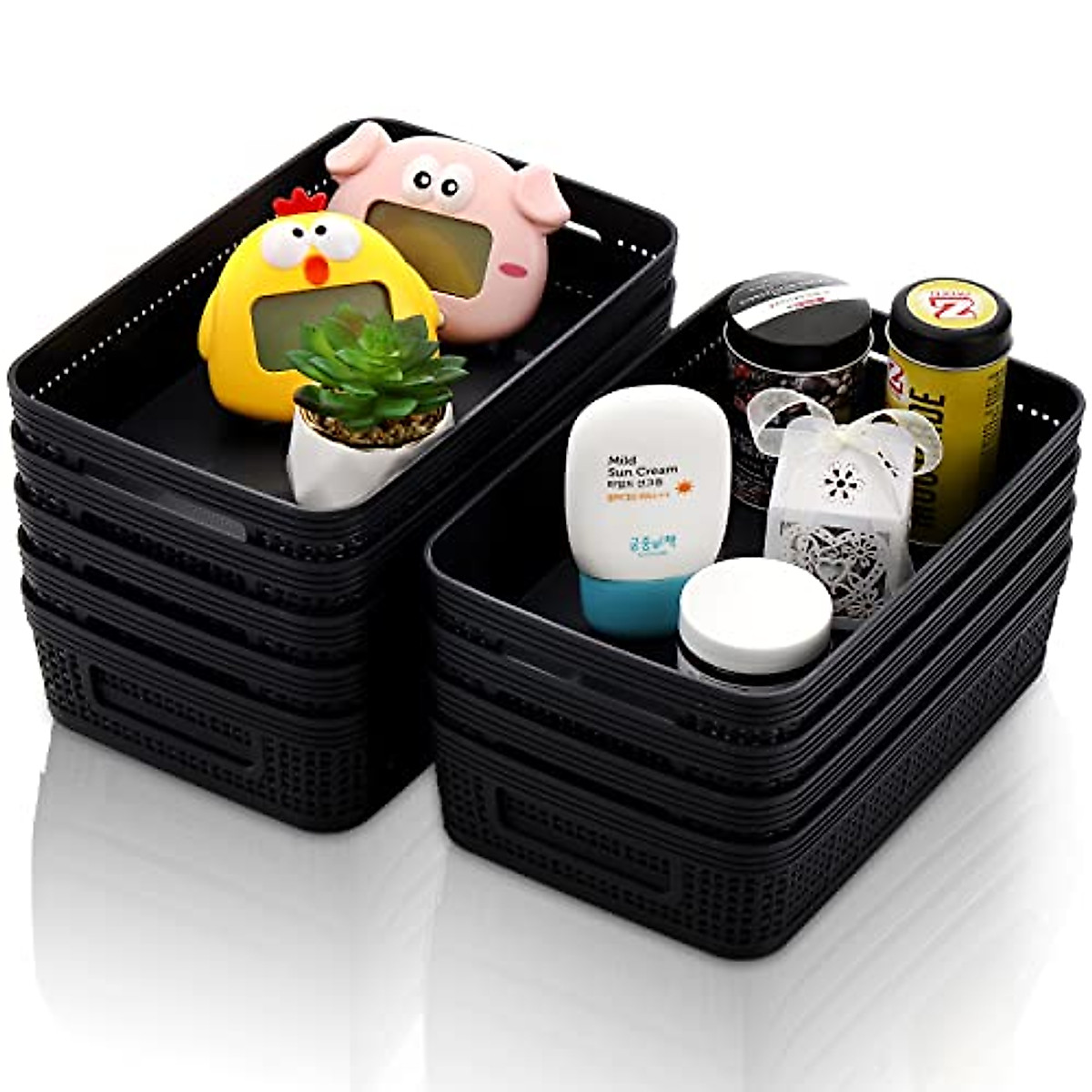 Frcctre 9 Pack Plastic Storage Baskets, Small Plastic Woven Storage Basket with Handles, Stackable Desktop Organizer Bins for Home, Kitchen, Pantry, Office, School, Classroom, 9.75"LX6.4"WX2.4"H