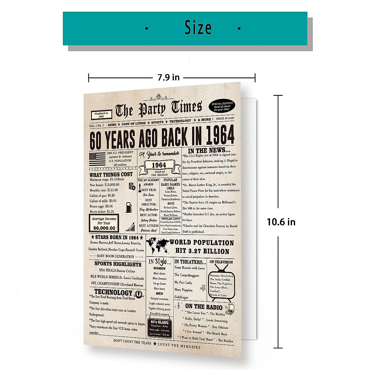 Giant 60th Birthday Card Gift for Women Men, Hilarious 60 Years Old Birthday Gift for Husband Wife, Large 60 Bday Party Decorations for Friends Family, Back in 1964 Birthday Card for Mom Dad