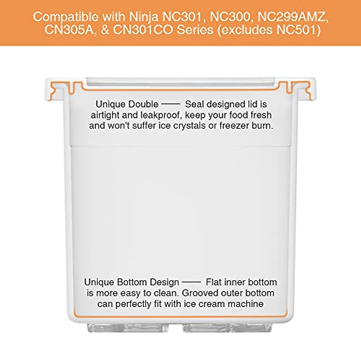 SOPHICO Pint Containers with Silicone Lids Replacement for Pints and Lids, Compatible with NC299AMZ & NC300s Series Ice Cream Maker, Airtight and Leaf-Proof (2 Pack, Orange)