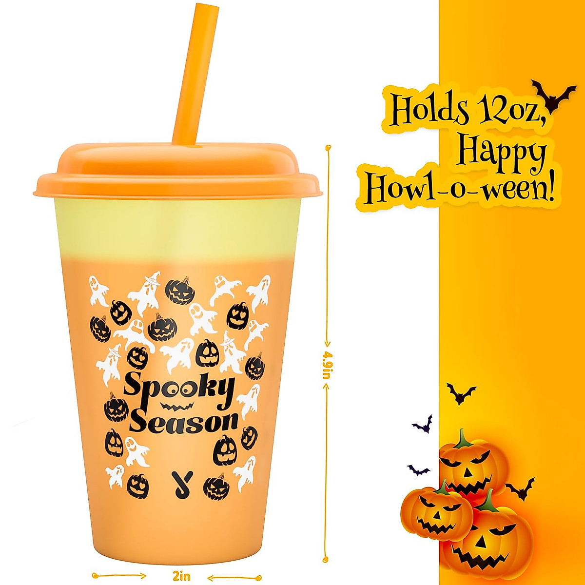 Meoky Halloween Decorations, Color Changing Cups with Lids and Straws - 6 Pack 12 oz Plastic Tumblers Bulk, Kids Cups for Halloween Party Favors