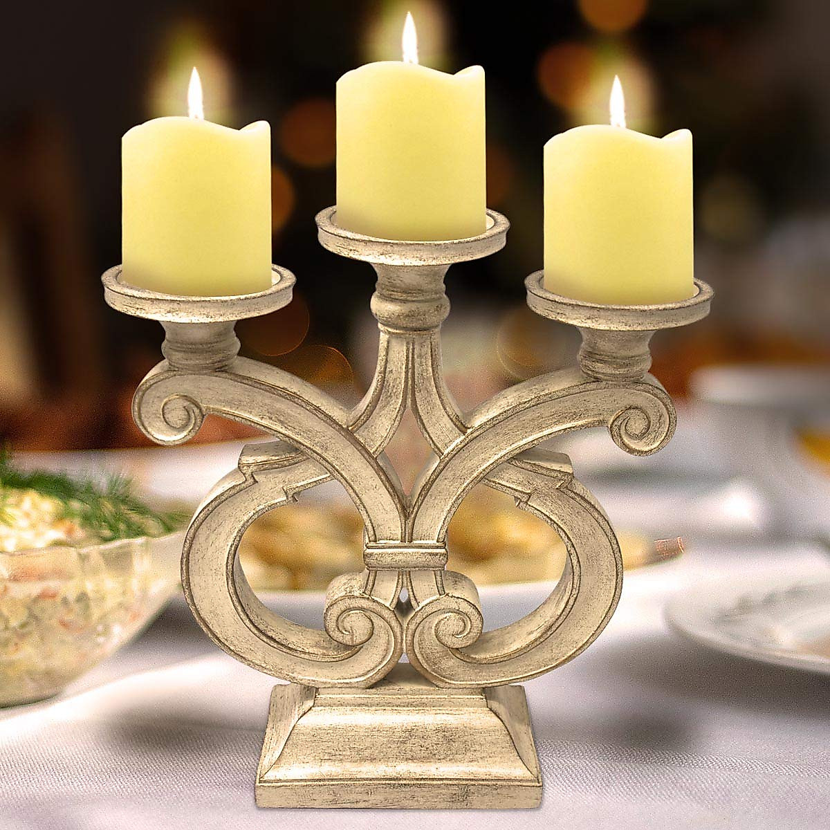 Antique Resin Candle Holder W/3 Arms,Fit 3.1" Candle, 11.8" H Candle Holders ,Ideal for LED & Pillar Candles, Gifts for Wedding,Party, Home, Spa, Reiki, Aromatherapy,Votive Candle Gardens.