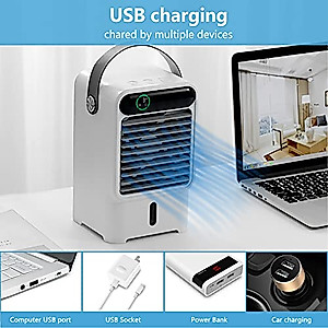 Mini Air Conditioner Portable, Personal Air Cooler Fan with 3 Wind Speeds, Evaporative Humidifier, LED Light, Timing - Small AC Misting Fan USB for Home Room Bedroom Office Desk, 500ml Water Tank, 6W