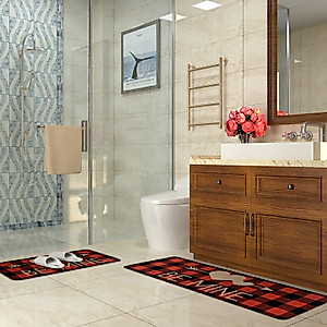 ASPMIZ 2 Pcs Valentine's Day Kitchen Rugs, Buffalo Plaid Area Rug Set of 2, Non-Slip Heart Floor Mat for Bathroom, Water Absorbent Door Mat with Anti-Slip Rubber Backing, 17'' x 47'' + 17'' x 30''