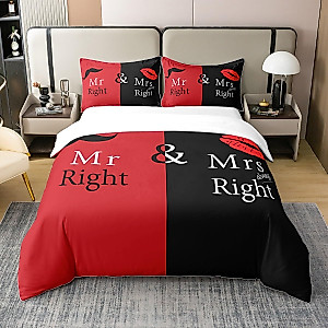 Mr Mrs Bedding 100% Cotton Set Black Red Creative Duvet Cover 100% Cotton Love Man Mustache Woman Lip Romance White Quote for Lover Couple Valentine Day Home Bedroom Decor Quilt Cover Queen Zipper