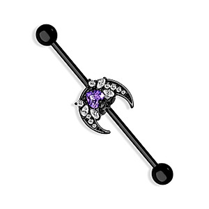COCHARM Black Moon Industrial Earrings 14g Purple CZ Halloween Industrial Bar Piercing Spoooky Industrial Earring, Halloween Industrial Piercing Jewelry