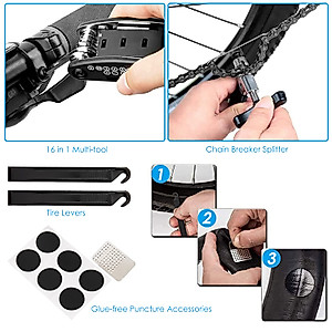 WOTOW Bike Repair Tool Kits, 16 in 1 Bike Saddle Under Seat Bag Waterproof with Repair Set Chain Breaker Splitter, Hex Key, Tire Patches Lever, Portable Multi Tool Maintenance for Road Mountain Bikes