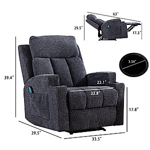 ANJ HOME Manual Massage Recliner Chairs with Heat for Living Room, Overstuffed Breathable Fabric Reclining Chair with Side Pockets and Cup Holders, Single Sofa Home Theater Seating, Dark Grey