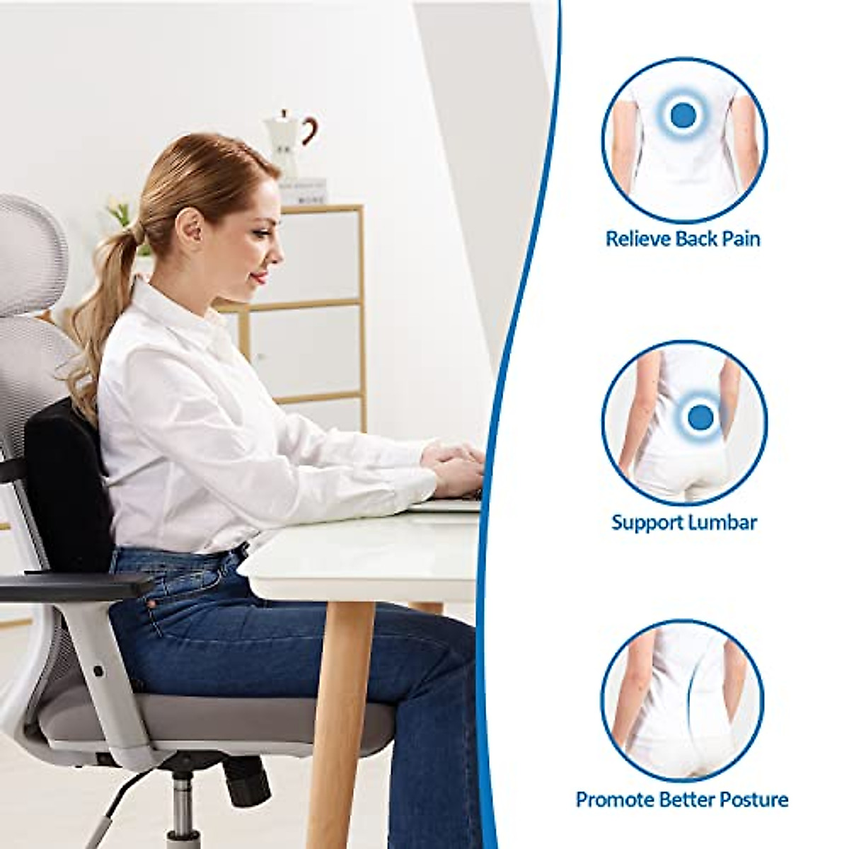 SAIREIDER Comfortable Lumbar Support Pillow for Office Chair, Memory Foam Back Support Pillows for Car、Gaming Chair、 Home Chair, Back Pain Relief Improve Posture, Double Adjustable Straps(Black)