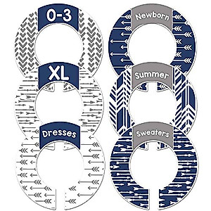 6 Adult or Baby Boy Nursery Clothing Size Closet Dividers Navy Gray Arrows (Fits 1.5" Rod)