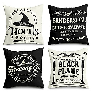 Halloween Decorations Pillow Covers 18x18 Set of 4 Halloween Decor Hocus Pocus Farmhouse Saying White Black Outdoor/Indoor Fall Pillow Covers Decorative Cushion Cases for Home Sofa Couch Bed Chair