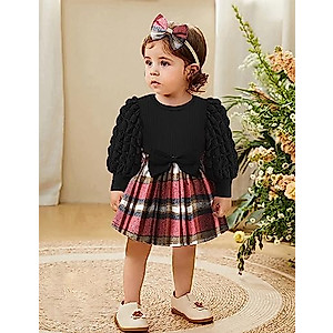 Qaoerde Baby Girl Dresses 3-6 Months Baby Girl Dress Puff Sleeve Red Plaid Dress Ribbed Baby Girls' Dresses Baby Dresses 3-6 Months Baby Girl Fall Dress Baby Girl Winter Dress Christmas Outfit
