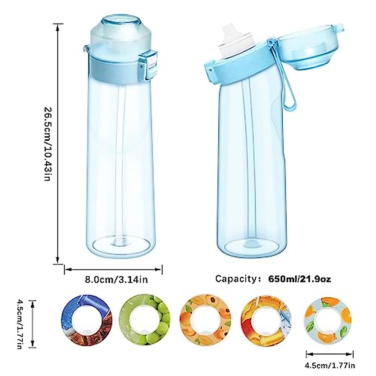 Water Bottle with Flavor Pods,Fruit Fragrance Water Bottle,Scent Water Cup,Sports Water Cup Suitable for Outdoor Sports(B.21.9Oz(Blue)+6 Pods))