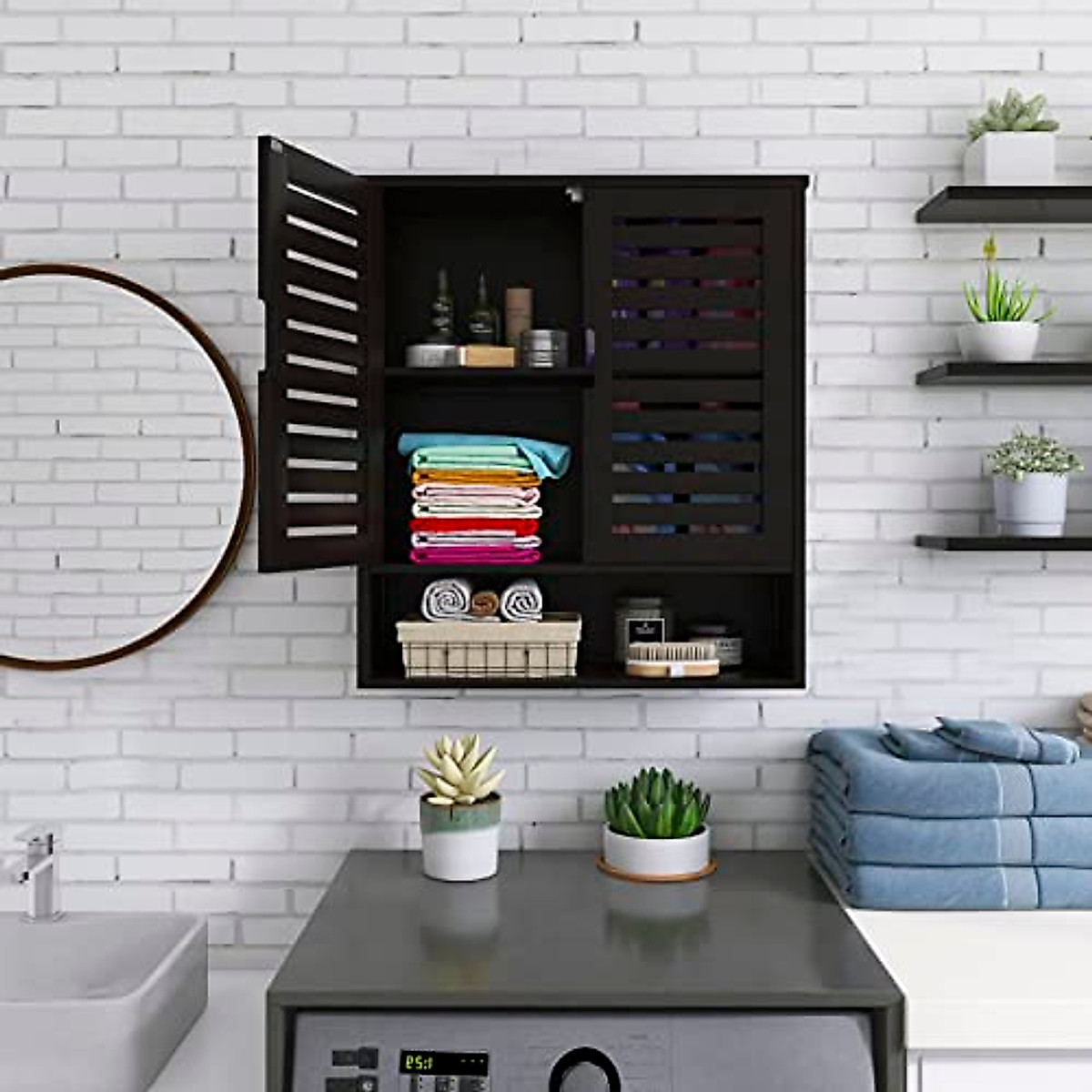 SMIBUY Bathroom Cabinet Wall Mounted, Bamboo Over-The-Toilet Storage Organizer, Space Saver Medicine Cabinet with 2 Door and Adjustable Shelves (Black)