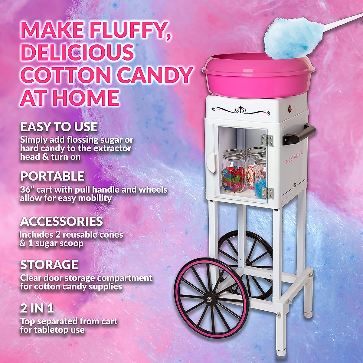 Nostalgia NCCCRT2PKWH Professional Cotton Candy Cart, 36”, White