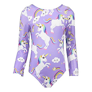 TENVDA Girls Gymnastics Leotards Size 4t 5t Sparkly Purple Unicorn Printed Long Sleeve Tumbling Outfit Winter Bodysuit