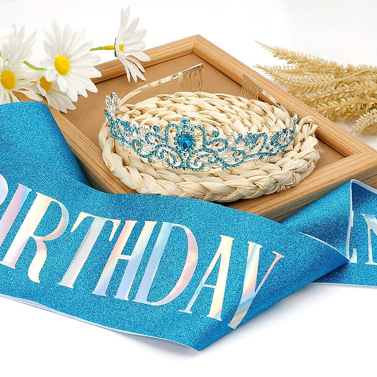 Birthday Crown for Girls Sky Blue Tiara Sash Gifts for Womens Birthday Rhinestone Crystal Headband Princess Queen Crown Happy Birthday Decorations Birthday Gift Ideas Birthday Accessories Gifts…