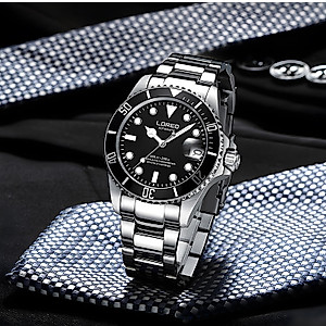 LOREO Luxury Automatic Watch for Men Sapphire Crystals Black Rotating Bezel Luminous Markers and Hands Date 316L Stainless Steel Case and Bnad Waterproof Watch
