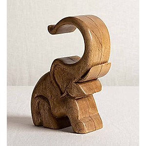VivaTerra Hand-Carved Wooden Elephant Wine Bottle Display, 5"L x 4"W x 9"H, Elephant Wine Rack Carved in India from Mango Wood, Saluting Elephant Wine Holder
