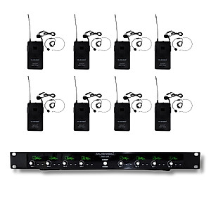 MUSYSIC Pro Wireless Microphone System – Advanced SM Technology, 1/4" TRS & XLR Output - 8 Channel UHF Receiver - 8 Lapel Lavalier - 8 Headset - MU-U8-LL