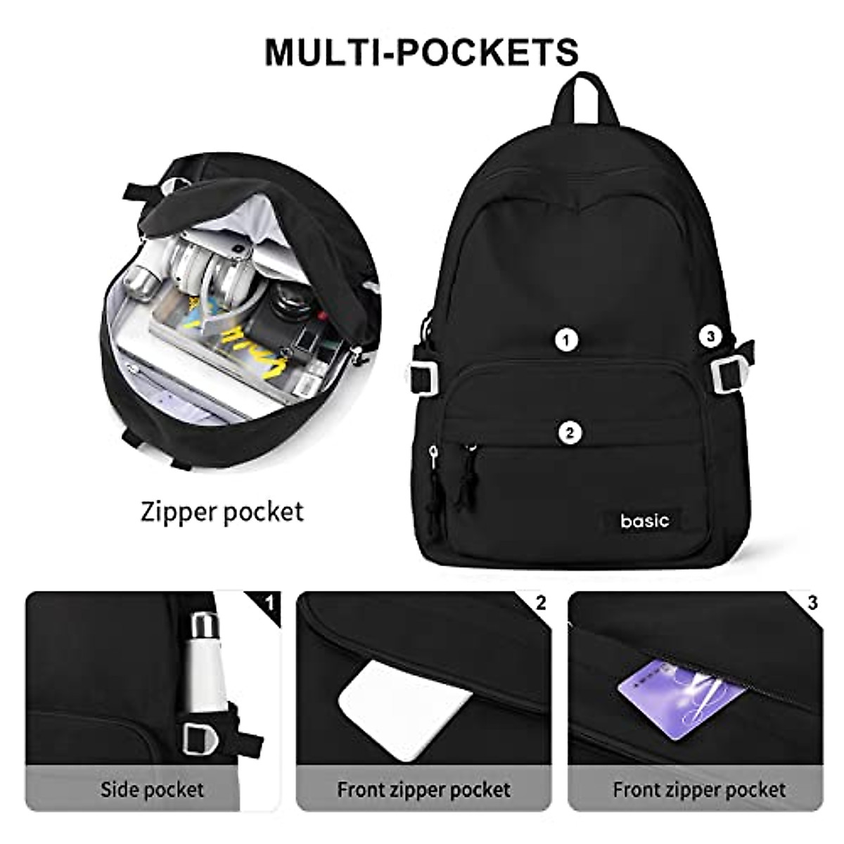 WEPOET Waterproof Simple Black Backpack For School,Lightweight Middle School Bookbag For Women Men,Aesthetic College Backpack,Casual Daypack Teens Girls Boys