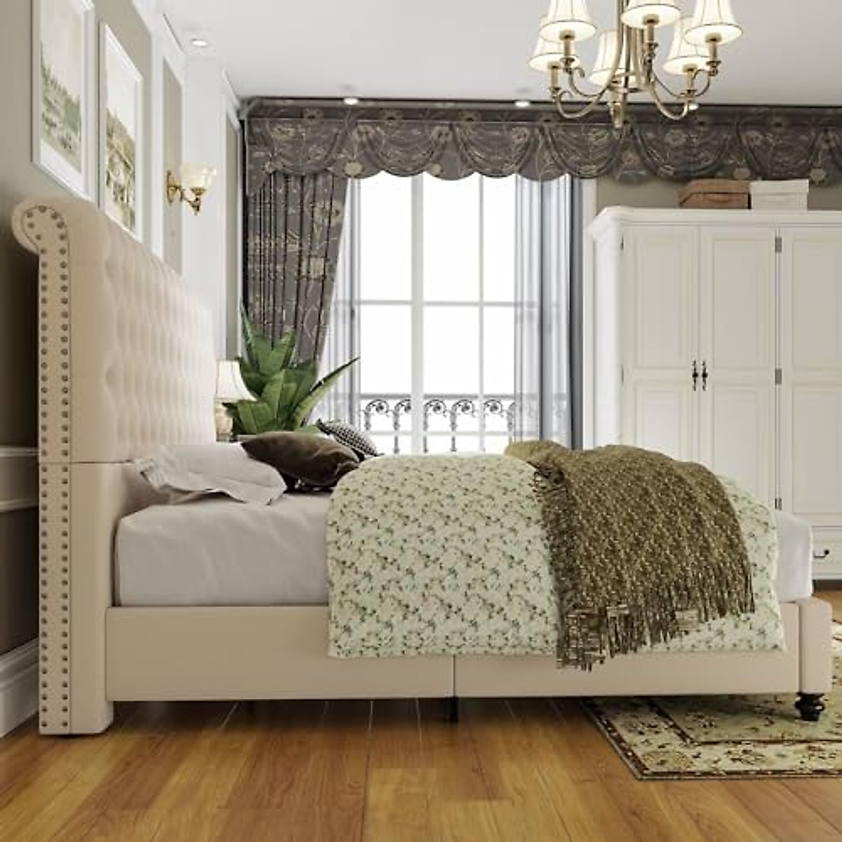 Jocisland King Size Upholstered Bed Frame and Headboard Sleigh PlatformTufted Bed/Cream