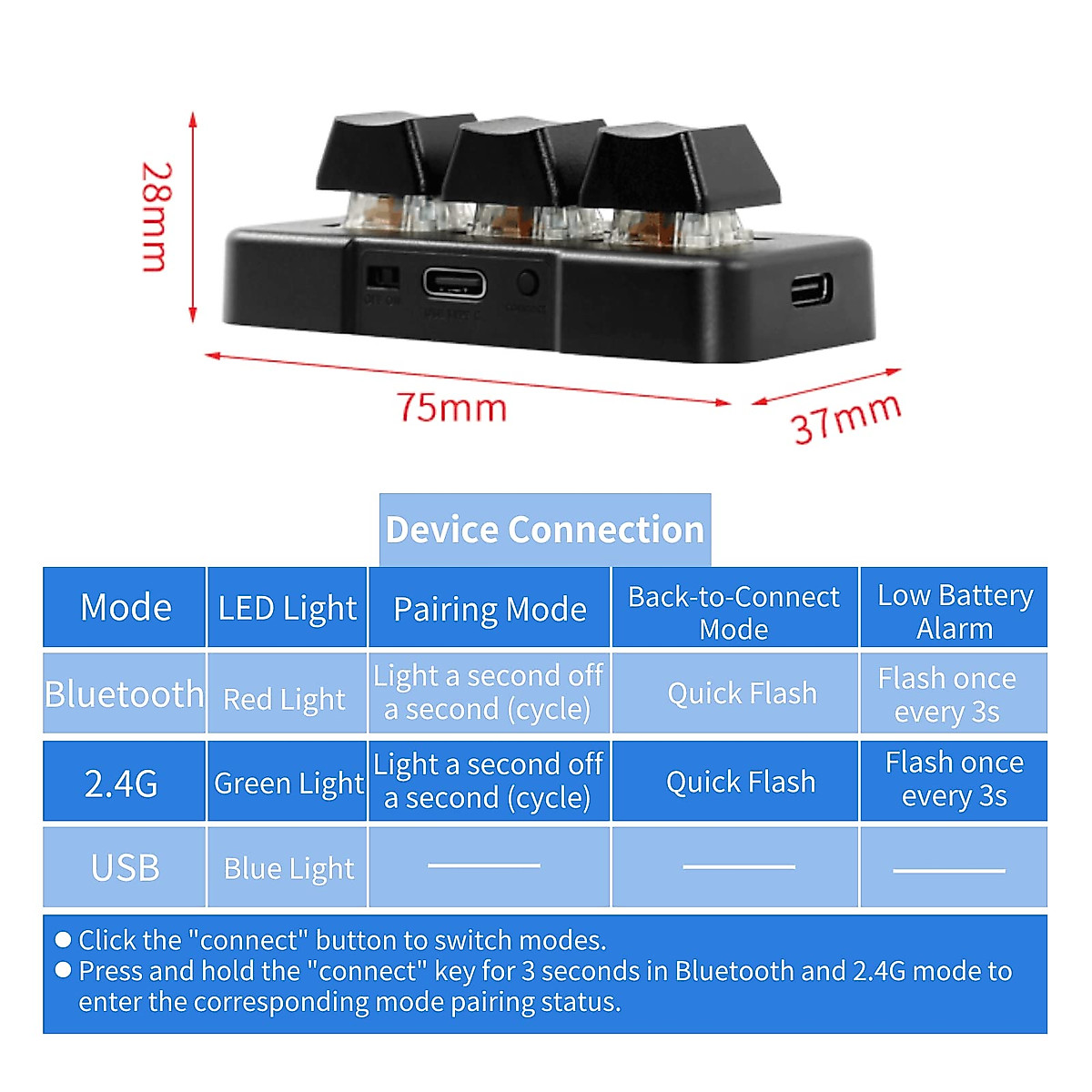 Mini 3 Key Keypad Mechanical Gaming Keyboard, USB/2.4G/Bluetooth RGB Backlit Mini Programmable Macro Keypad, One Handed HID Standard Keyboard