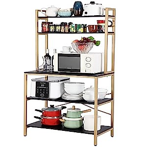 Finnhomy Bakers Racks for Kitchens Storage with Hutch, Coffee Bar Cabinet, Modern 5 Tier Kitchen Shelf Freestanding Microwave Stand Rack for Kitchen/Living Room/Office/Pantry, Gold+Black