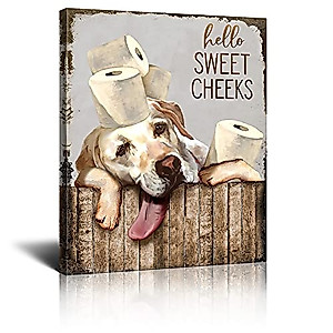 Funny Dog Wall Art Farmhouse Bathroom Wall Decor Funny Rustic Animals Pictures for Bathroom Dog with Toilet Paper Painting for Toilet Bathroom Dog Artwork Country Vintage Framed 12x16 Inch