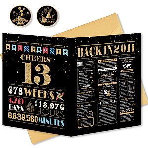 BGTCARDS 13th Birthday Card, 13th Birthday Decorations for Girls, 13th Birthday Gifts for Daughter, Back in 2011 Birthday Card, Black Gold
