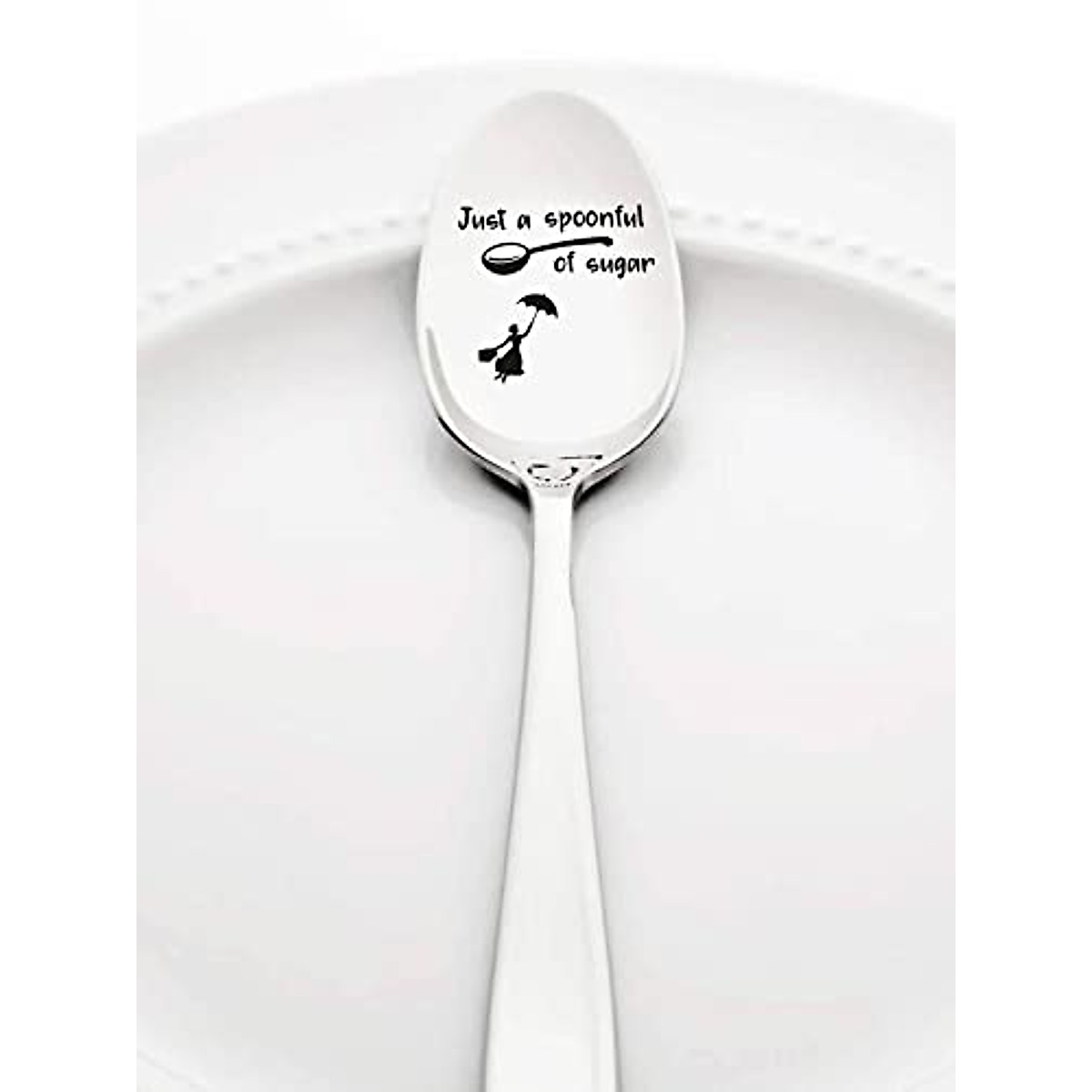 BIGEVENTS Just a Spoonful of Sugar Spoon Custom, Personalized, Gift, Present Coffee Lover Tea Lover Engraved Spoon Gift, Silver, 7 inches (A2)