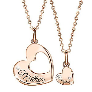 INFUSEU Rose Gold Mother Daughter Necklace Set for 2 for Mama Mom, Sterling Silver Small Dainty Tiny Heart Matching Jewelry for Women Teen Girls